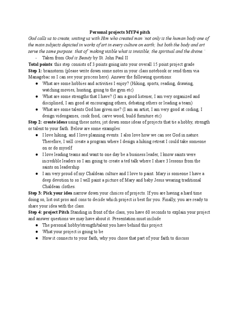 MYP4 Personal Project Pitch Guide | PDF | God | Faith