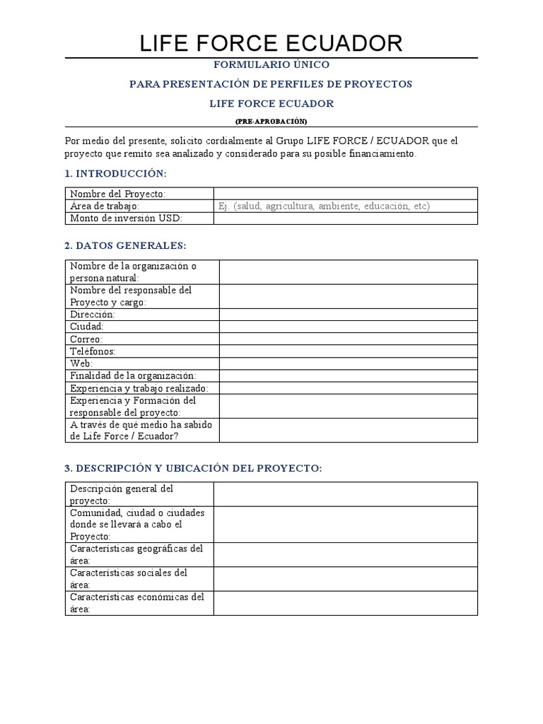 Formato para Llenar Proyectos Life Force Ecuador | PDF | Ecuador | Presupuesto
