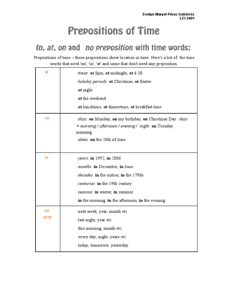 Prepositions of Time Exercise For Practicing | PDF | Linguistic ...