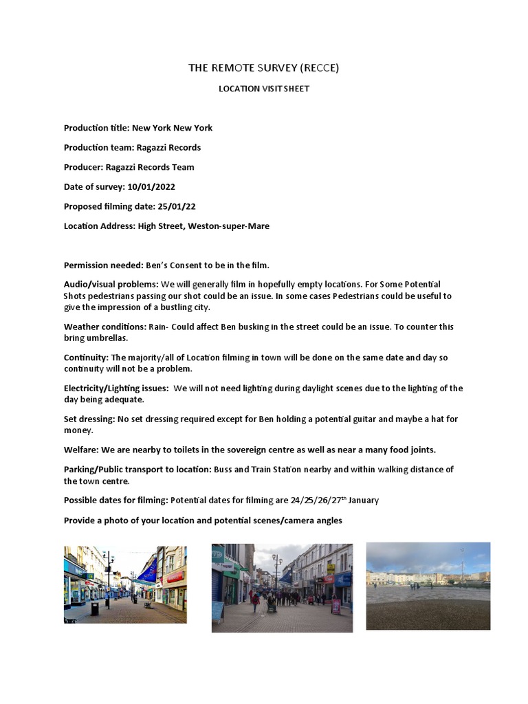 Location Recce Music Video Town | PDF