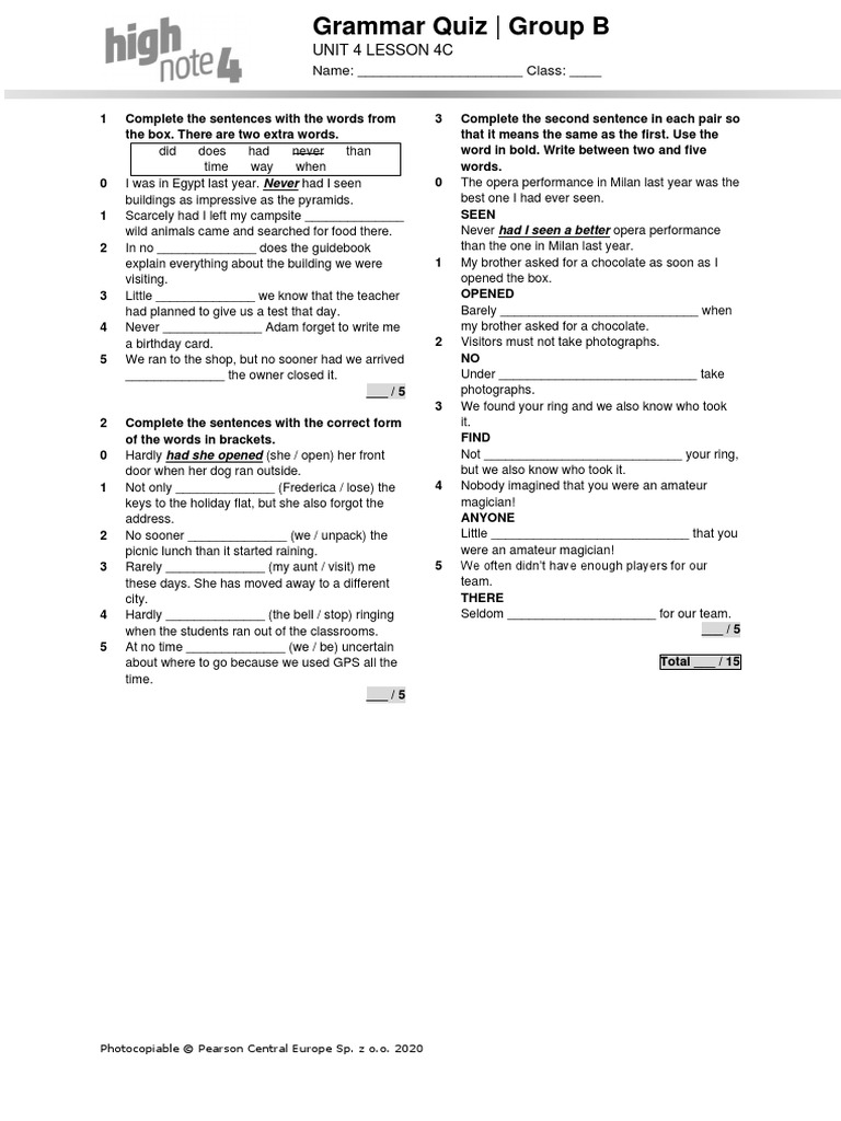 HighNote4 U4C Grammar Quiz B | PDF