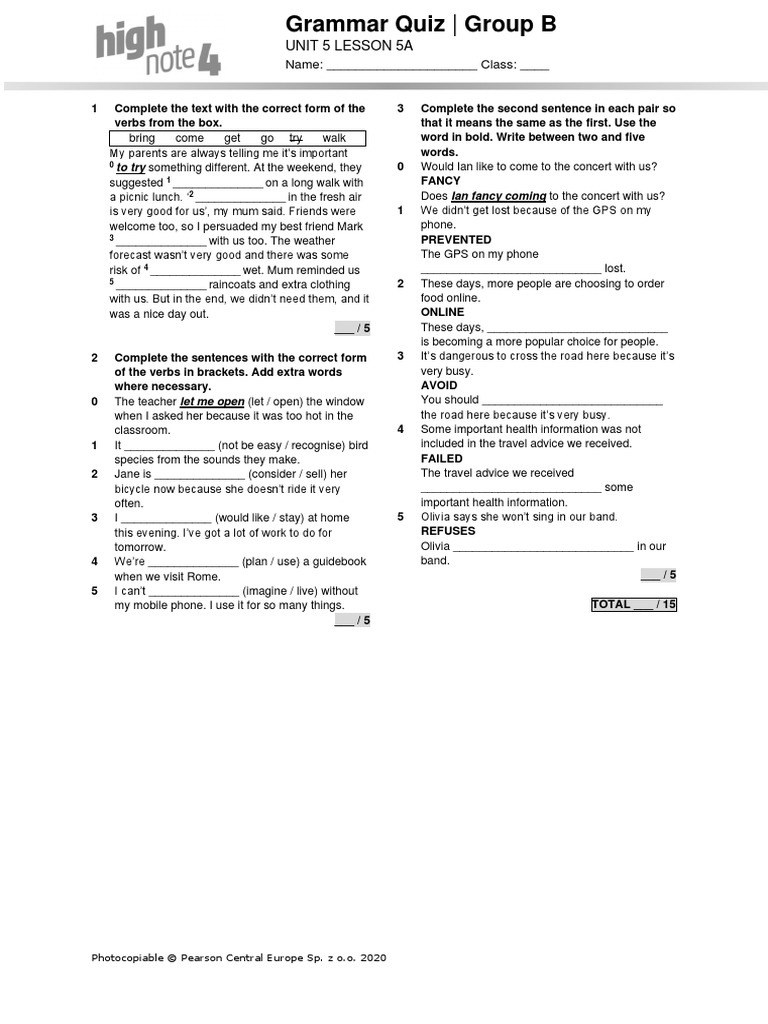 HighNote4 U5A Grammar Quiz B | PDF | Linguistics