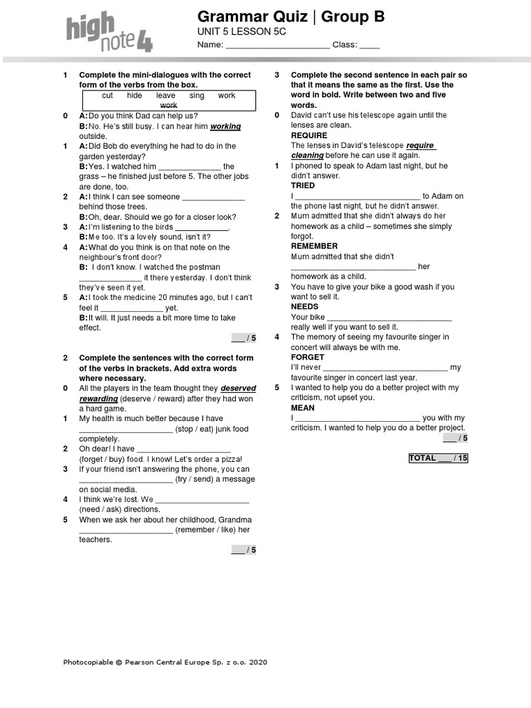 HighNote4 U5C Grammar Quiz B | PDF