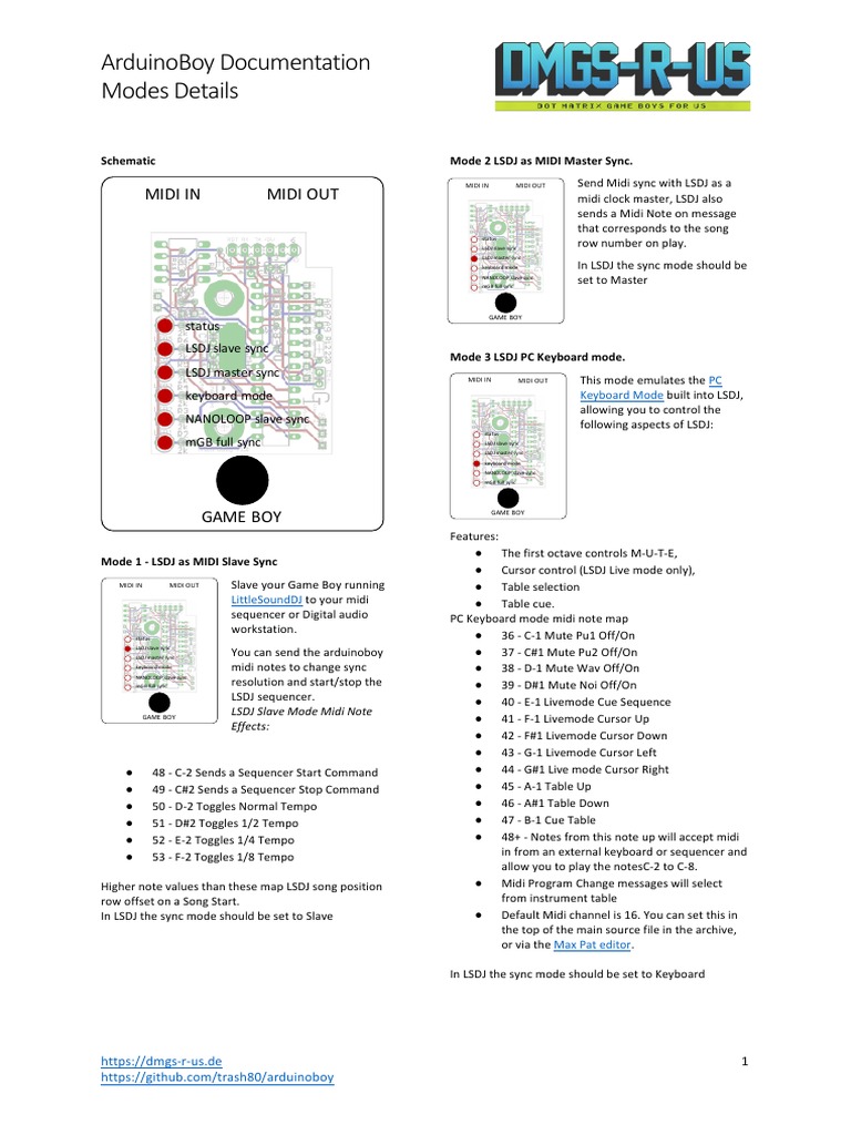 Documentation on Modes and Details for ArduinoBoy MIDI Control of LittleSoundDJ, Nanoloop, and ...