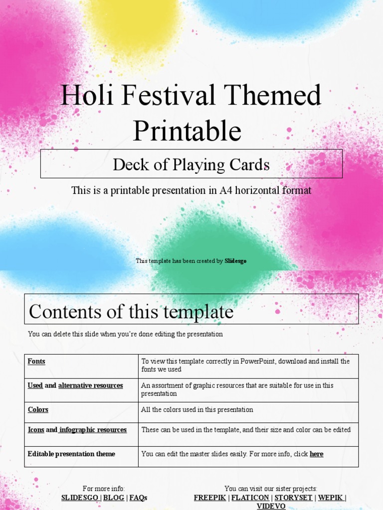 Holi Festival Themed Printable Deck of Playing Cards by Slidesgo | PDF
