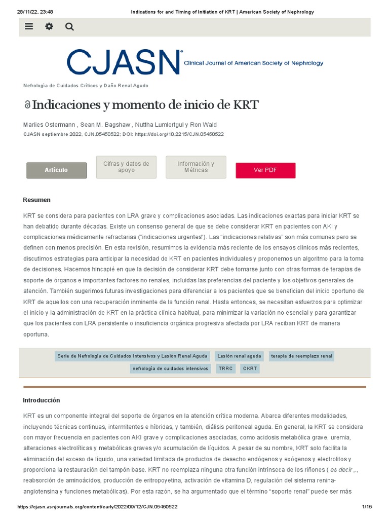 Indicaciones y Momento de Inicio de KRT American Society of Nephrology | PDF | Enfermedad renal ...