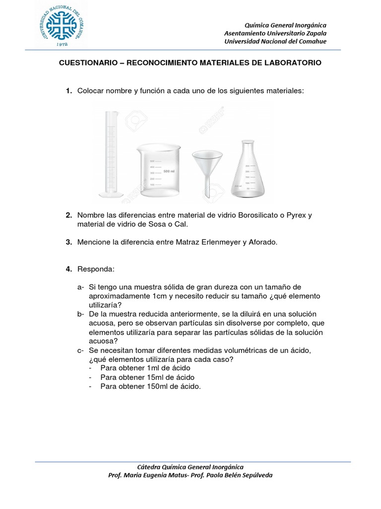 Cuestionario - Reconocimiento de Materiales de Laboratorio | PDF
