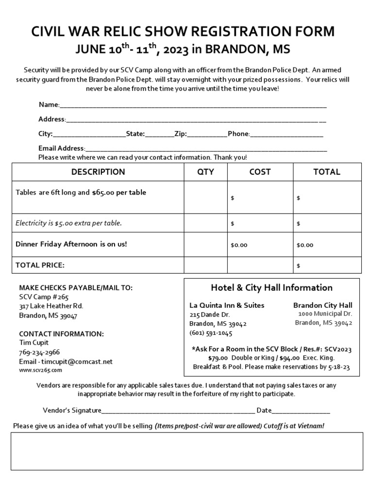Brandon Civil War Relic Show Vendor Form | PDF