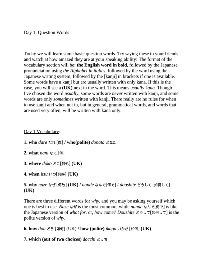 Day 1 (Japanese Question Words) | PDF