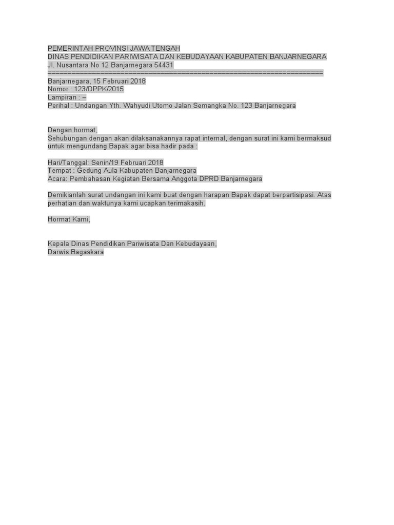 Undangan Rapat Internal Dinas Banjarnegara | PDF | Griya & Taman ...