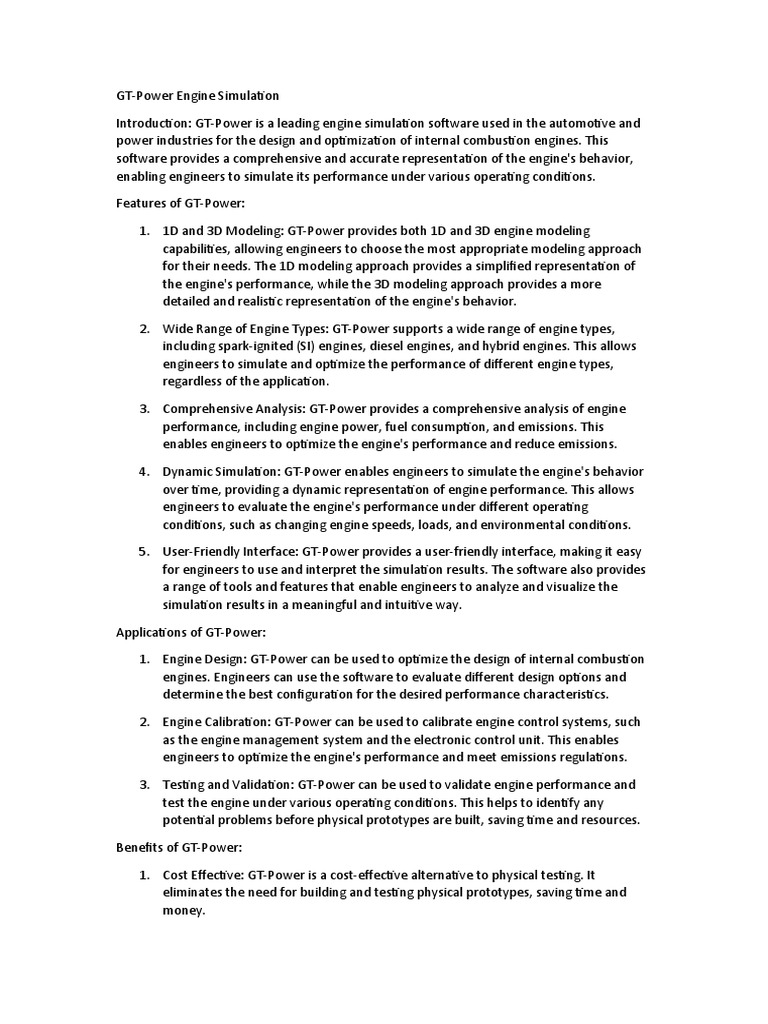 GT-Power Engine Simulation Overview | PDF | Simulation | Engines