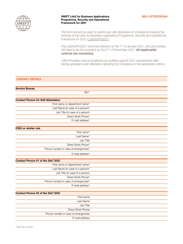 SWIFT L2BASOFv2021 Self Attestation 2 | PDF | Computer Security | Security
