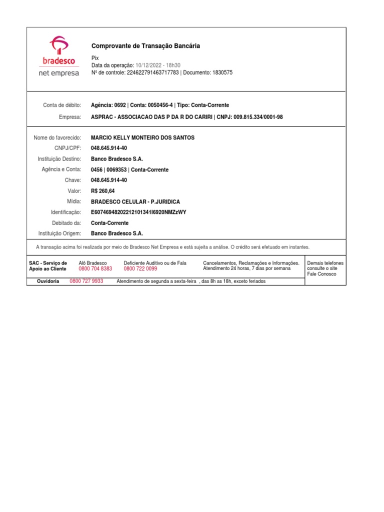 Comprovante de Transação Bancária: Pix Data Da Operação: #De Controle ...
