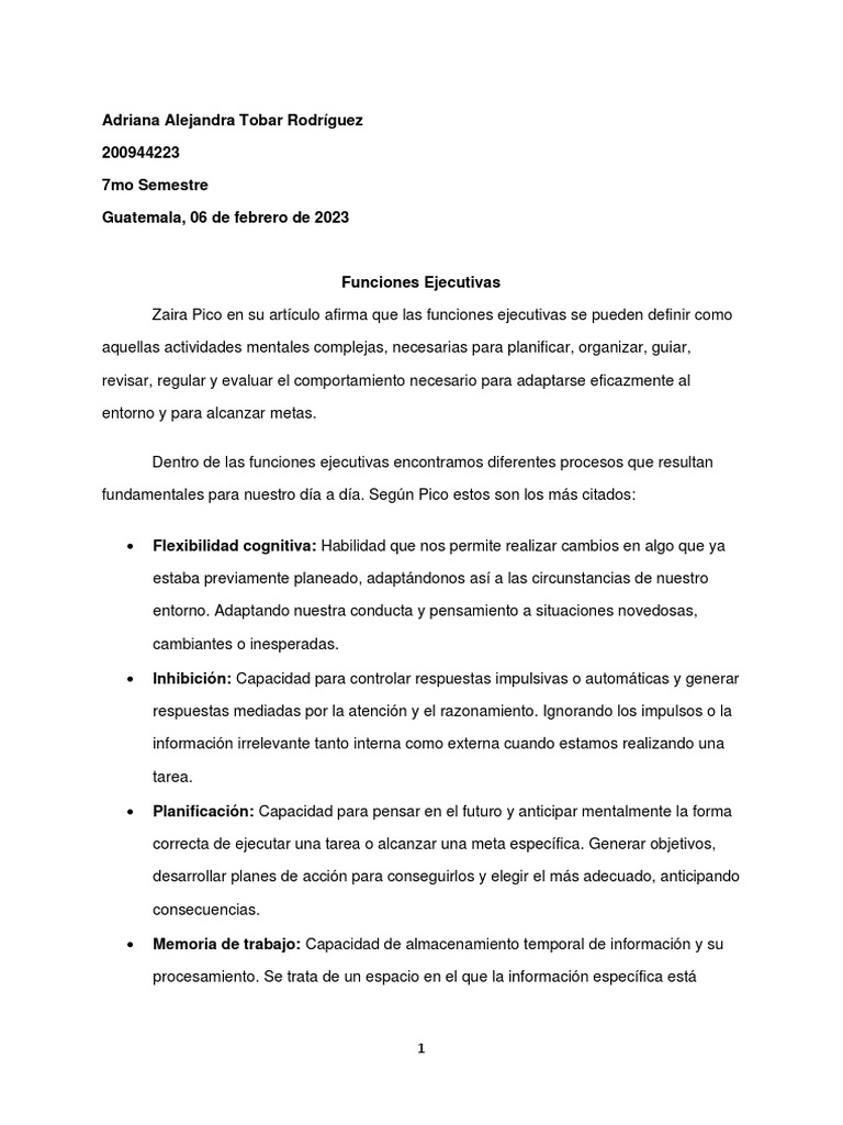 Tarea Funciones Ejecutivas | PDF | Pensamiento | Funciones ejecutivas