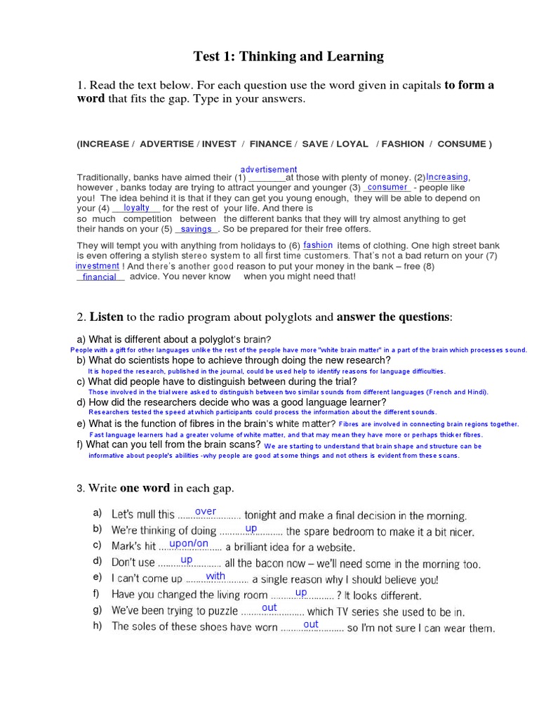 Test 1 - Thinking and Learning - KEYS | PDF | Banks | Fashion