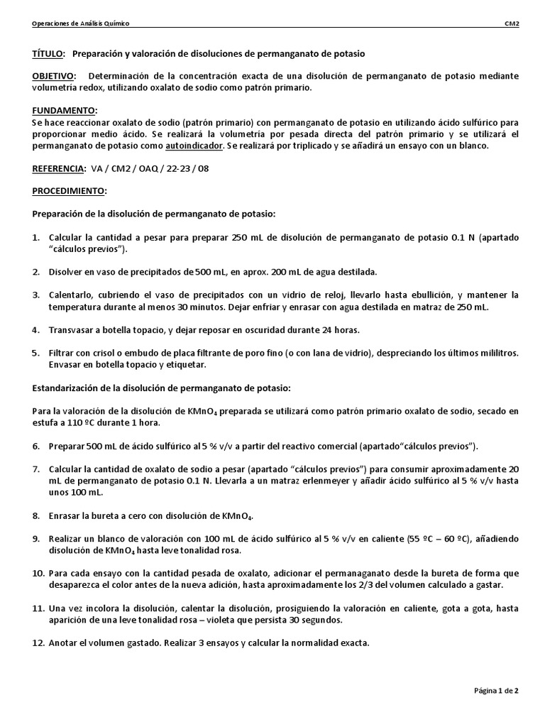 OAQ - Práctica #8 - Valoración de Disoluciones de Permanganato de Potasio | PDF | Valoración ...