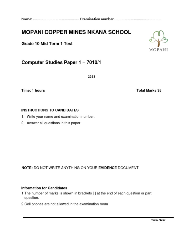 Grade 10 Computer Studies Test Paper | PDF | Computer Data Storage ...