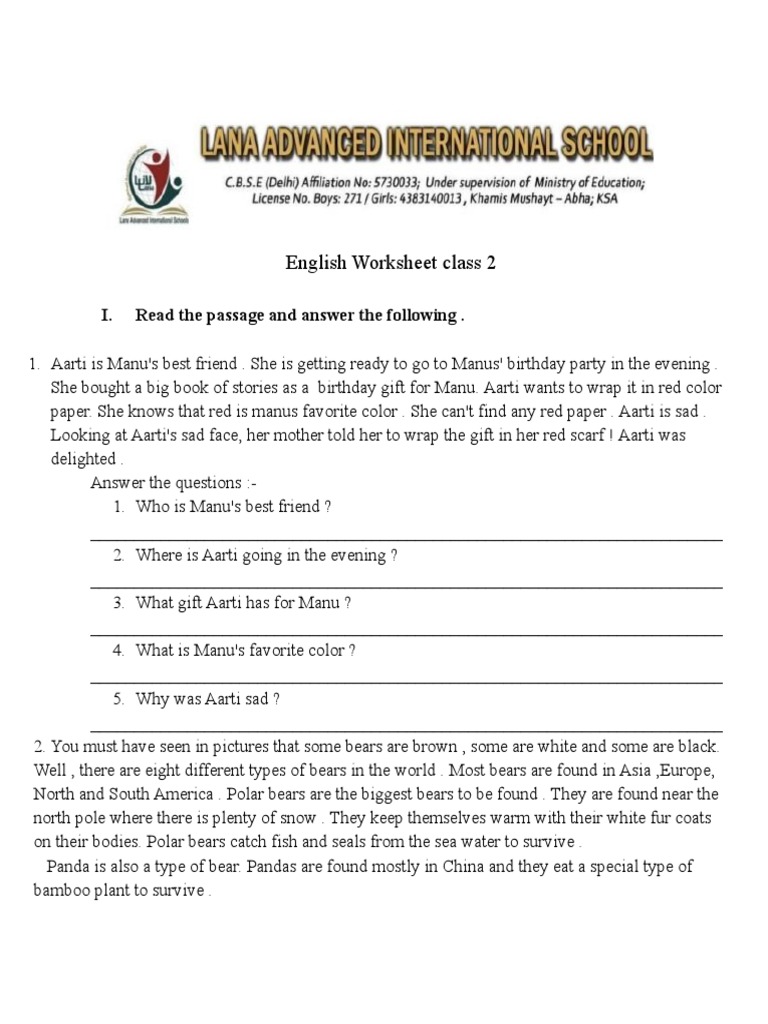 Eng Class 2 WS | PDF | Bears