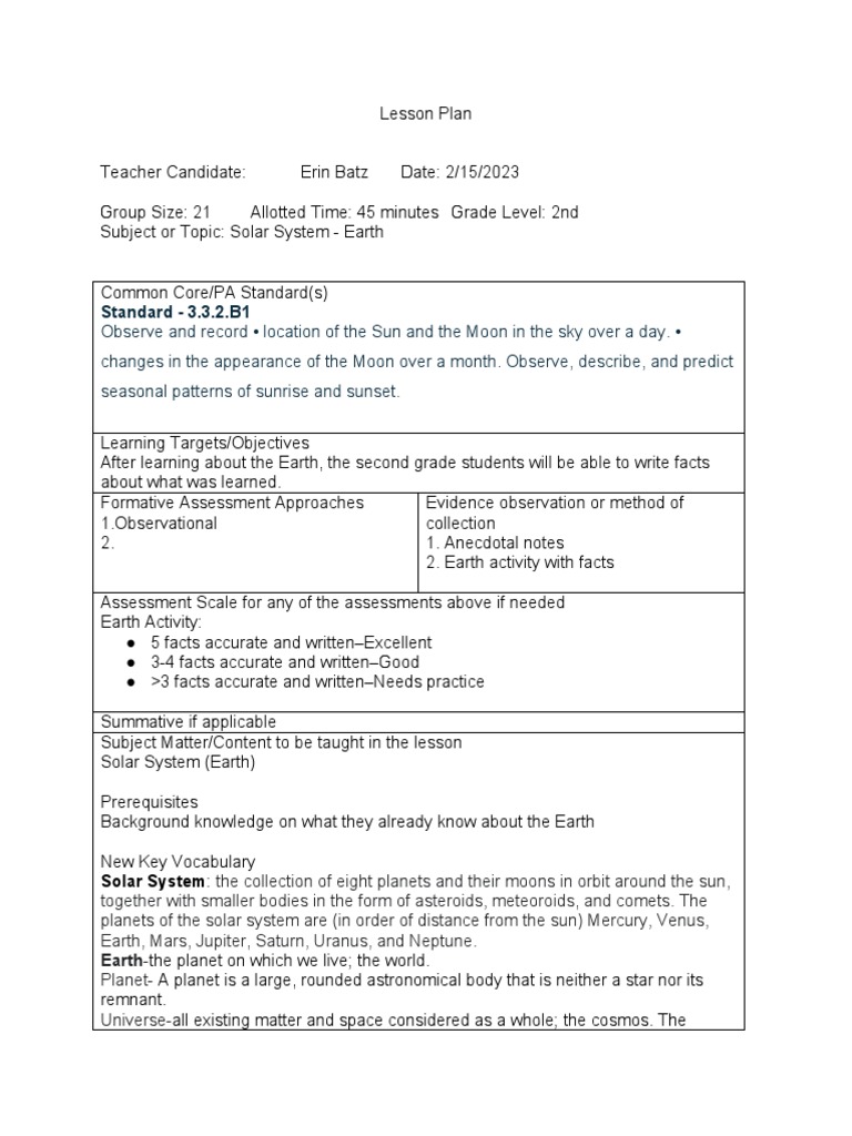Earth (Solar System) Lesson Plan | PDF | Solar System | Planets