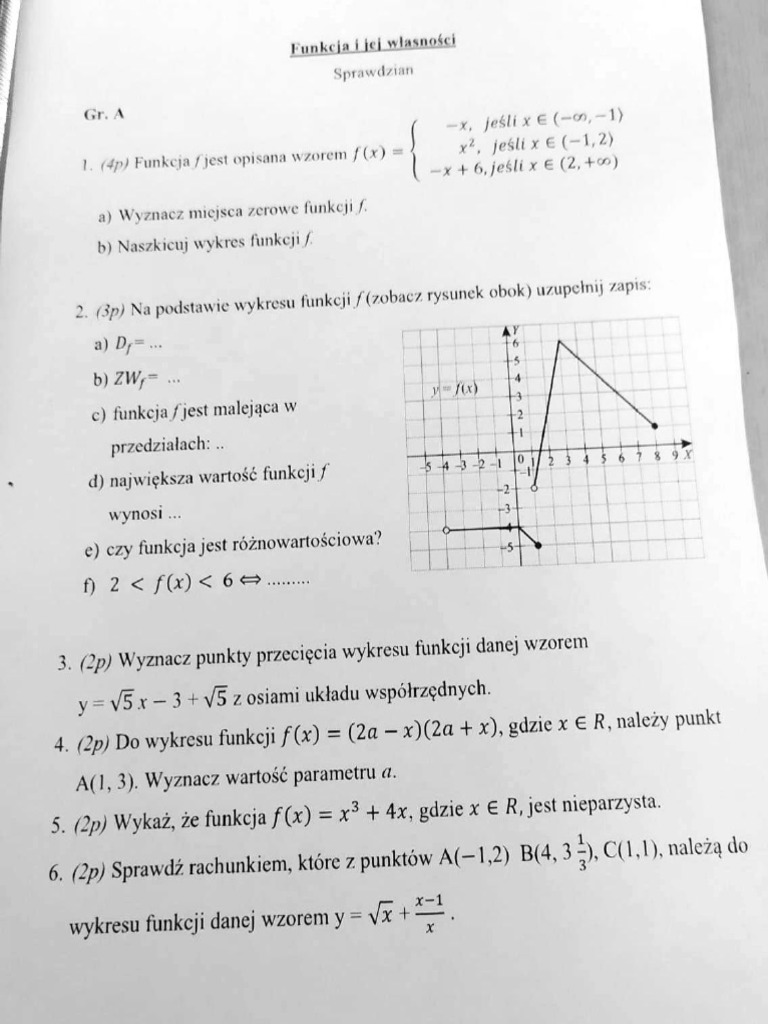 Sprawdzian Funkcje I Ich Własności | PDF