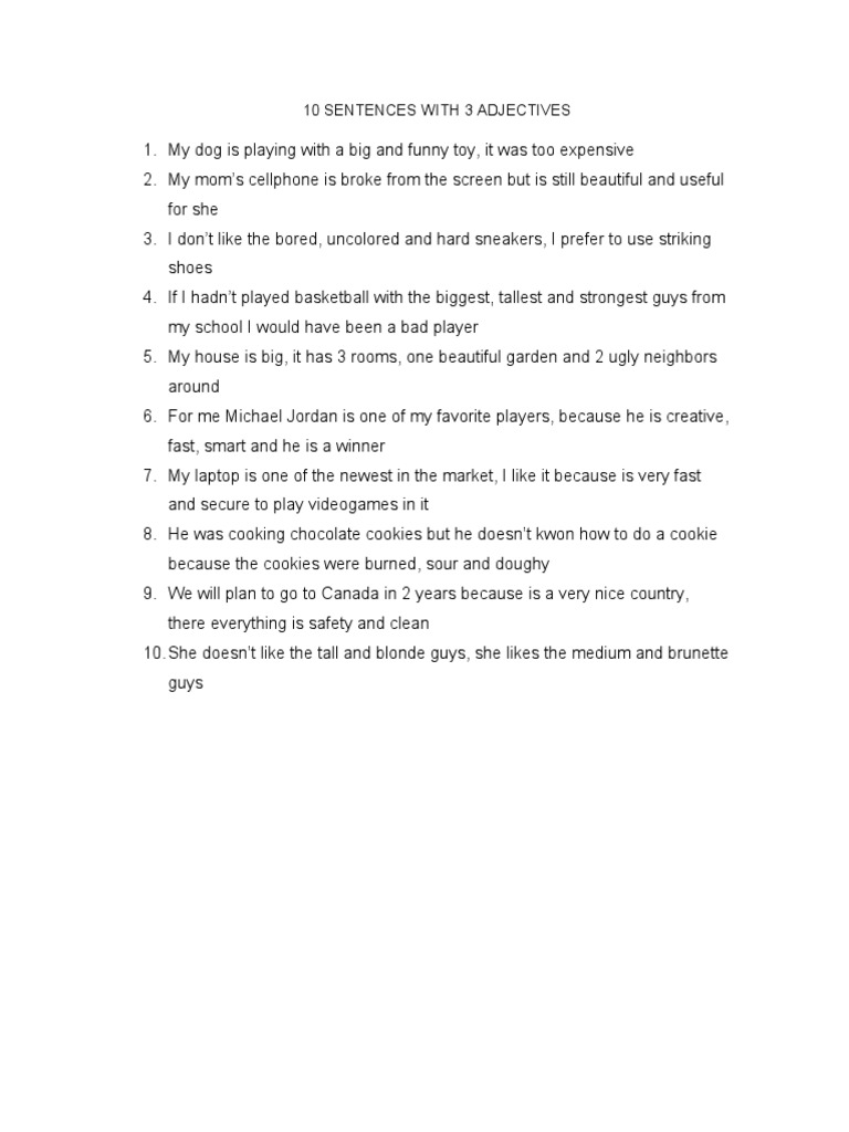 10 Sentences With 3 Adjectives | PDF