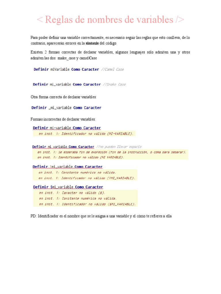 Reglas para Nombrar Variables en Programación | PDF | Informática