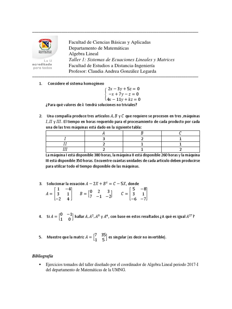 Taller1 Sistemas De Ecuaciones Lineales Y Matrices Pdf Matriz 6197