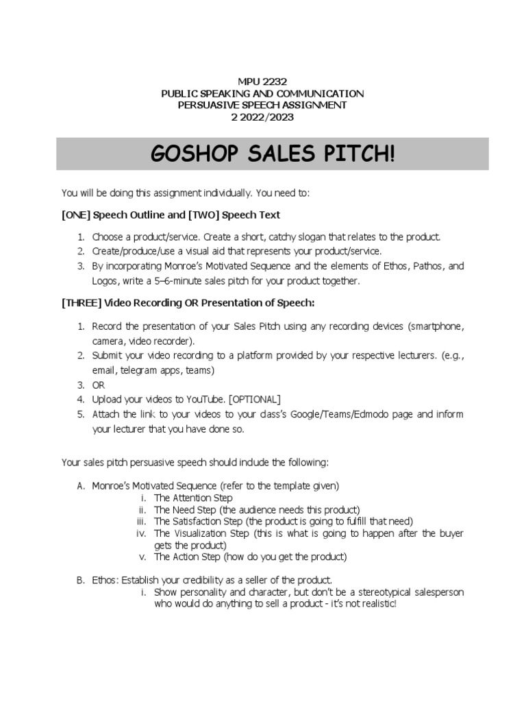 Task Sheet - Sales Pitch - Persuasive Speech | PDF | Rhetoric ...