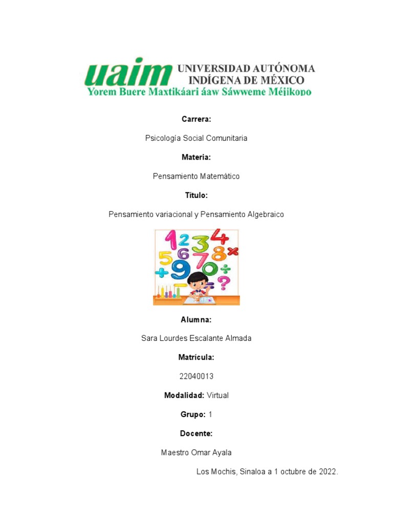 Pensamiento Variacional y Pensamiento Algebraico | PDF | Pensamiento ...