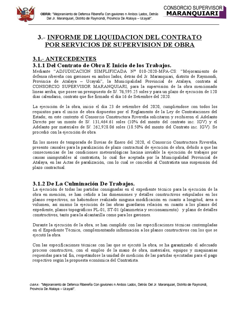 Informe de Liquidacion Del Contrato Por Servicios de Supervision de ...