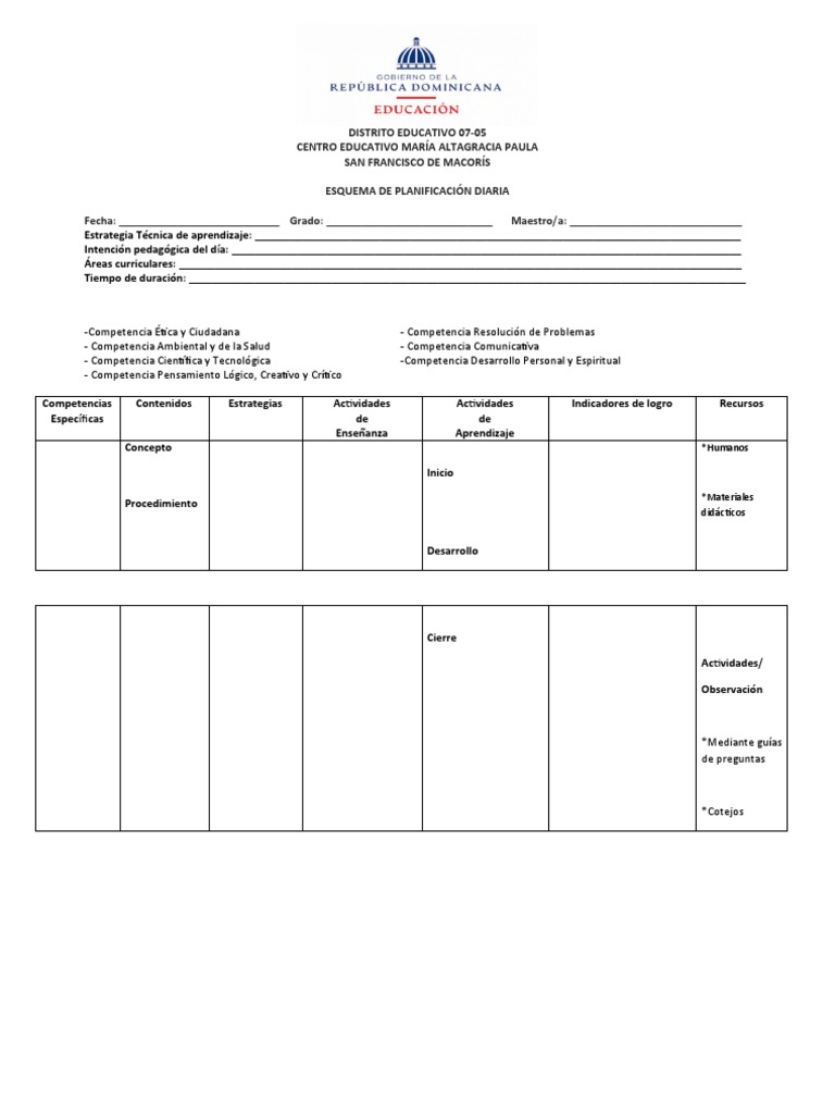 Ejemplo de Esquema de Planificacion Vacio | PDF