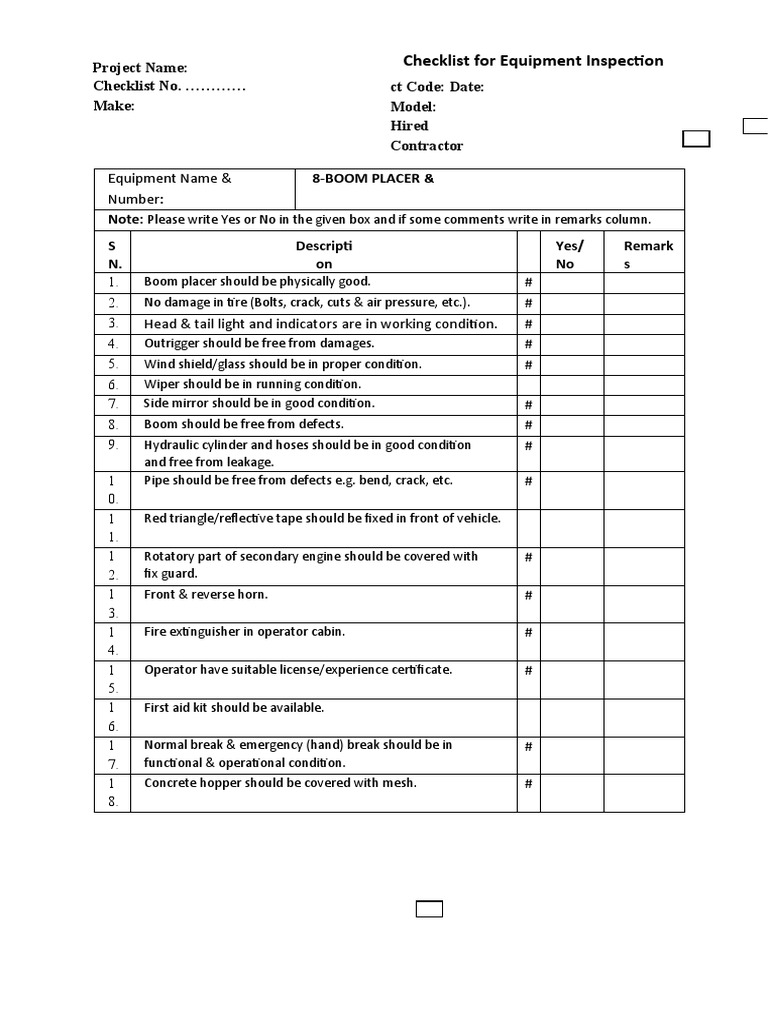 Checklist For Equipment Inspection BOOM PLACER | PDF