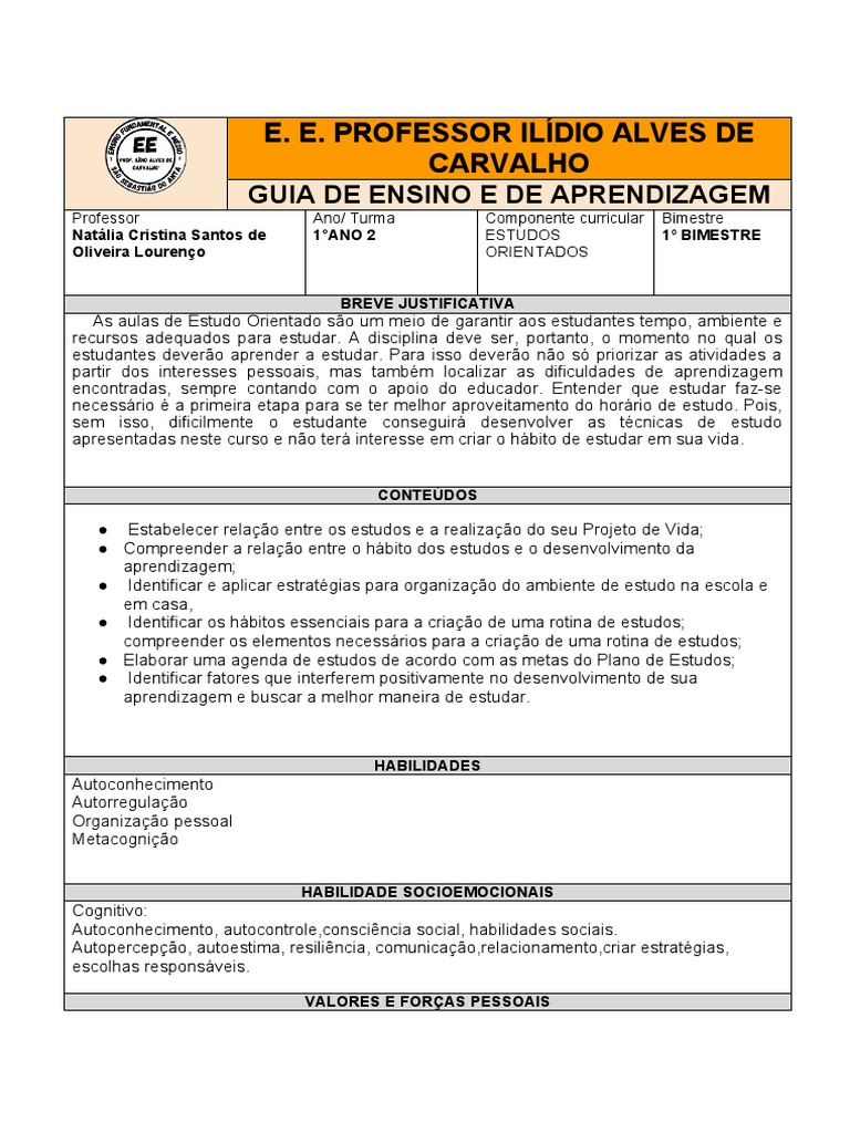 Guia de ensino e aprendizagem para Estudos Orientados no 1o ano do ensino médio | PDF ...