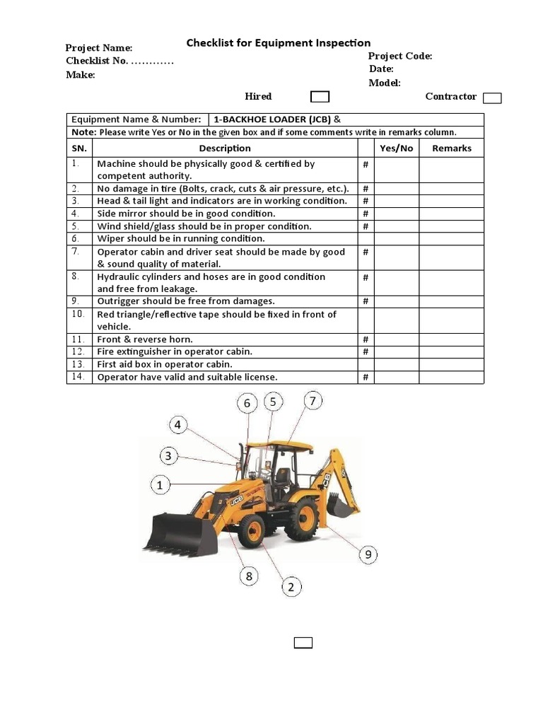 Inspection Checklist For BACKHOE LOADER (JCB) | PDF