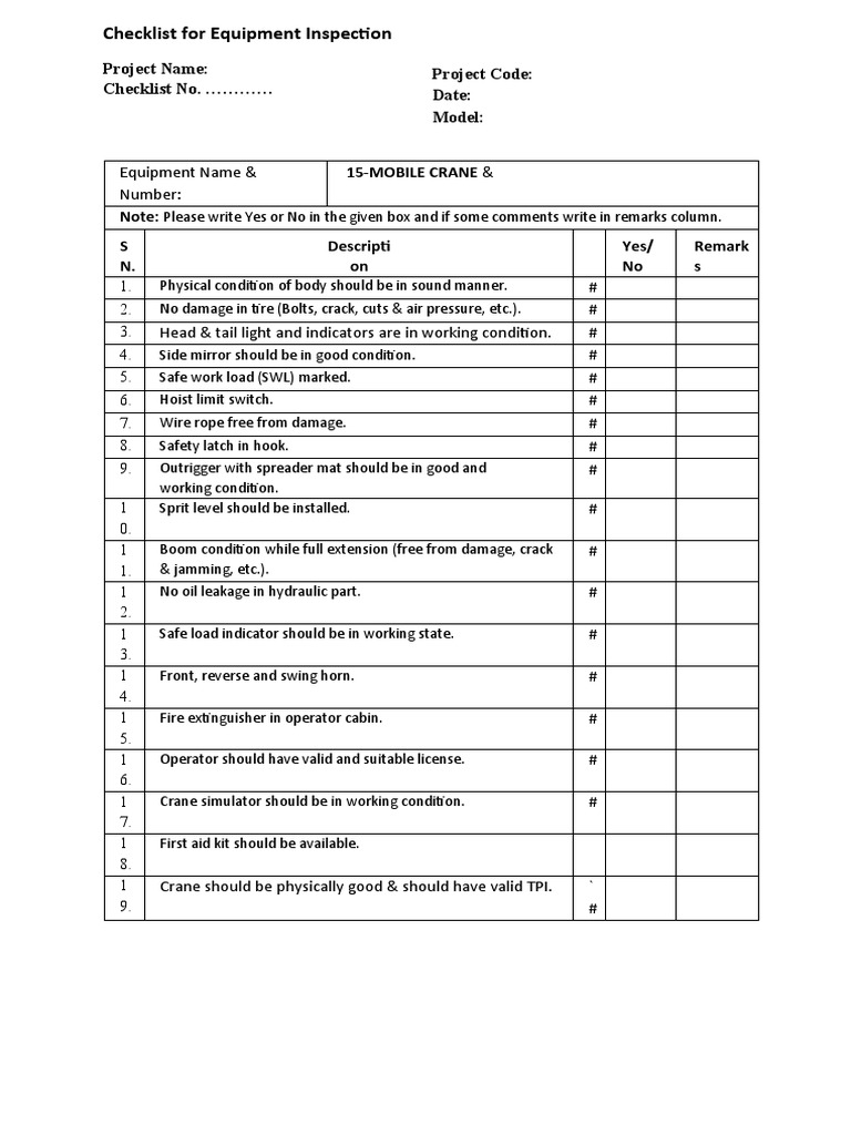 Mobile Crane Inspection Checklist | PDF | Home & Garden | Technology ...