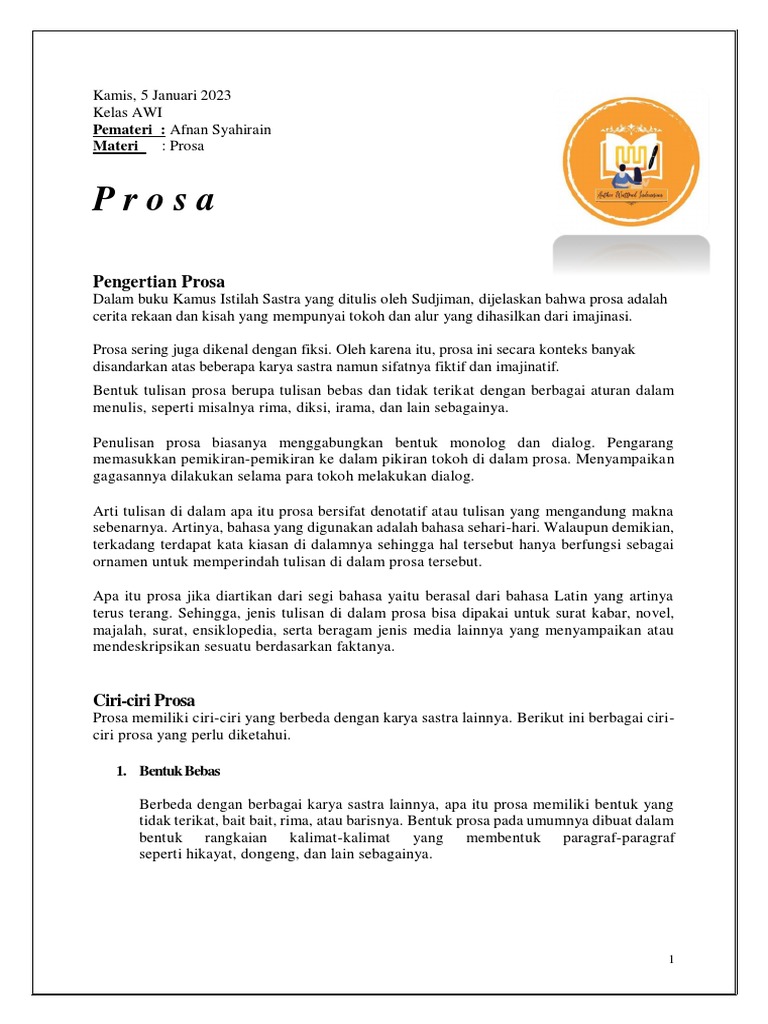 Prosa AWI Afnan Syahirain | PDF | Seni & Disiplin Bahasa