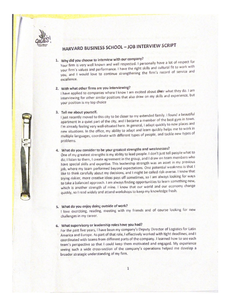 Harvard Business School - Job Interview Script | PDF