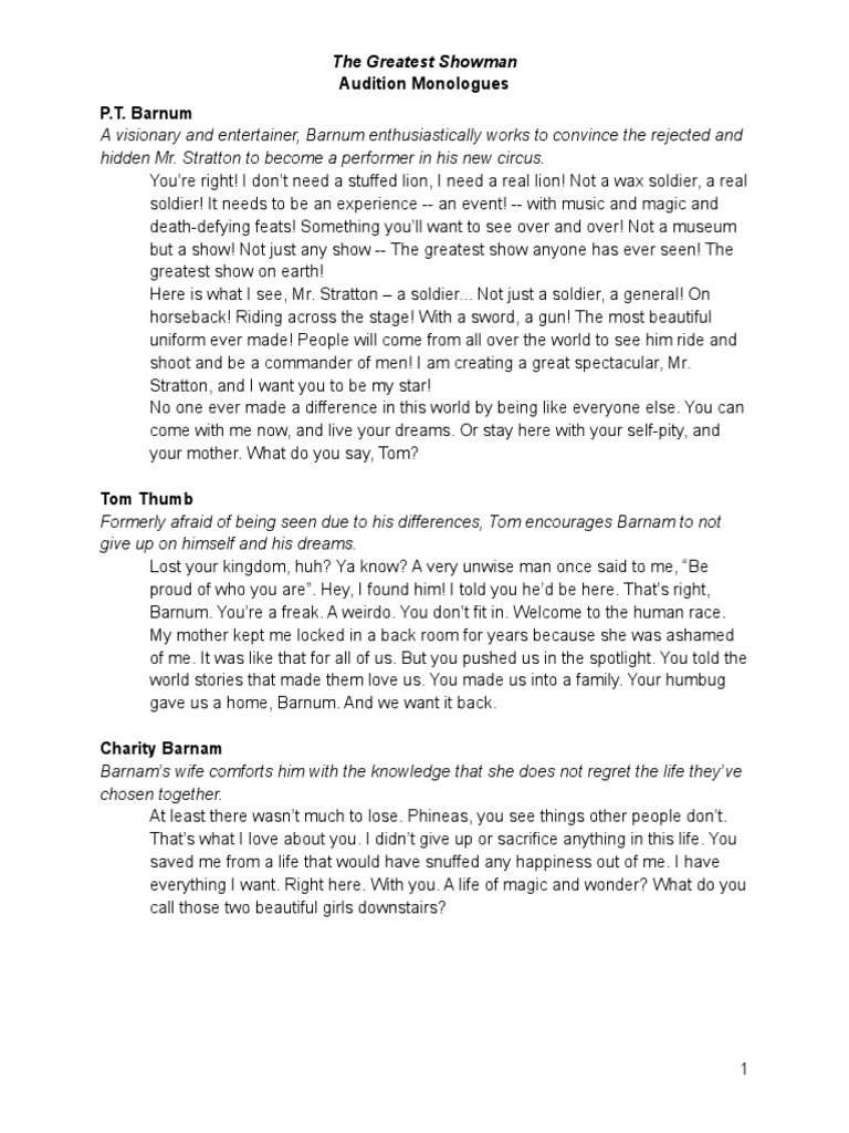 Greatest Showman Audition Monologues | Download Free PDF | P. T. Barnum