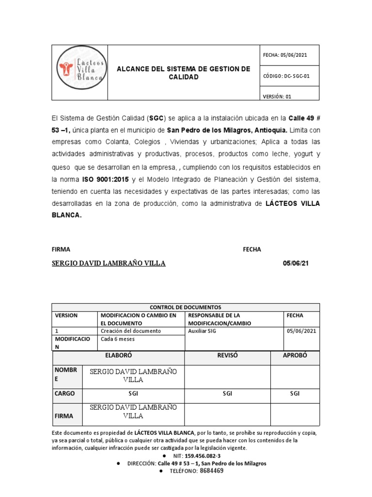 Alcance Del Sistema de Gestion de Calidad | PDF | Leche