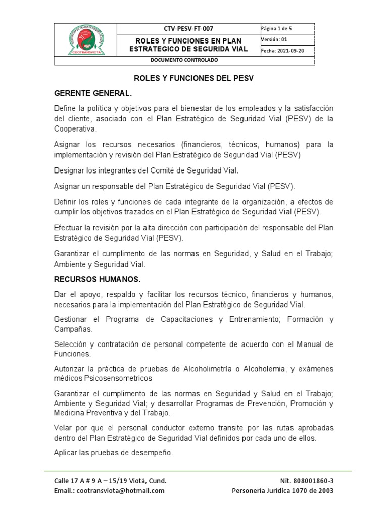 Ctv-Pesv-Ft-007 Roles y Funciones Pesv | PDF | Planificación ...