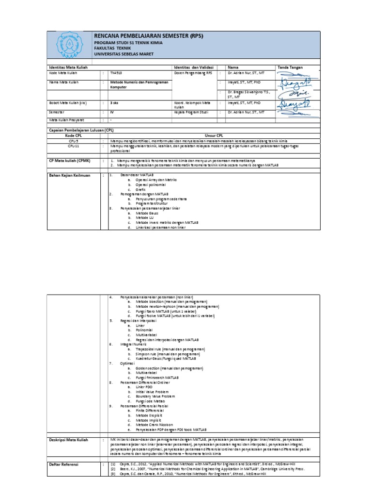 RPS Metode Numeris Dan Pemrograman Komputer 2020 2021 | PDF