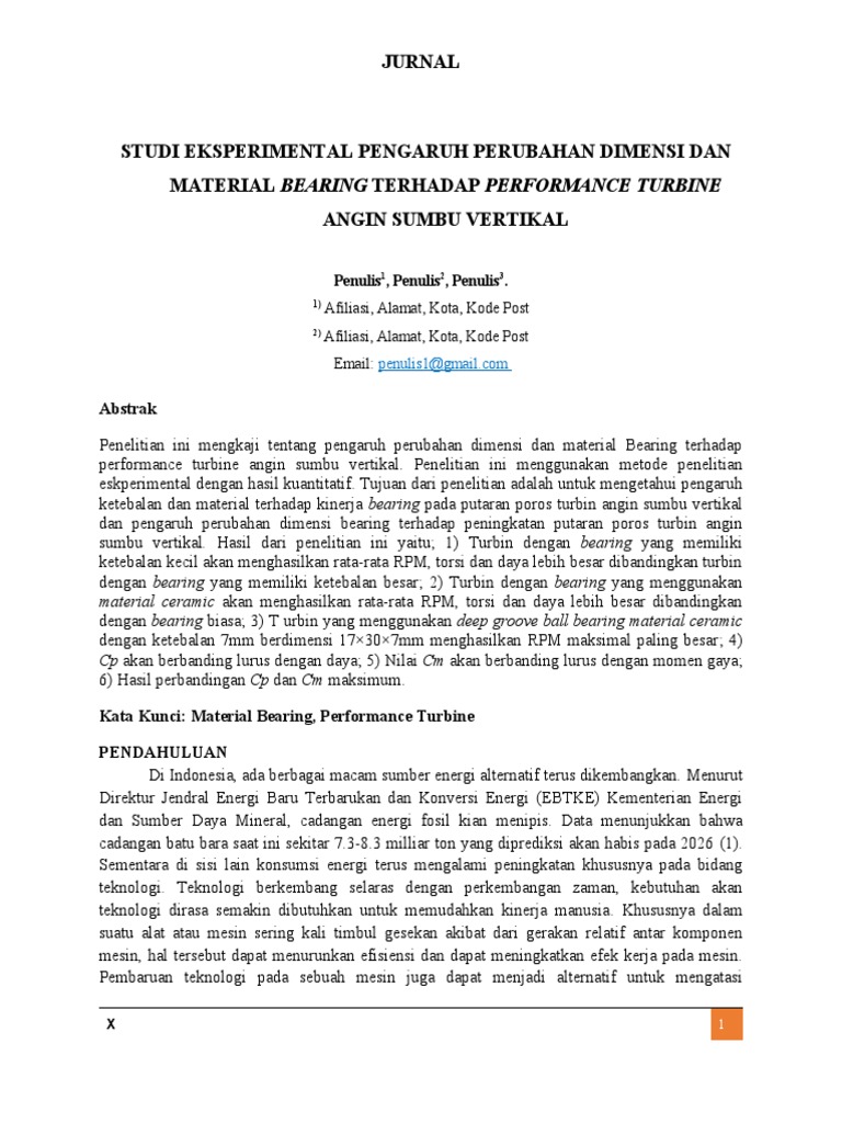 Studi Eksperimental Pengaruh Perubahan Dimensi Dan Material Bearing Terhadap Performance Turbine ...