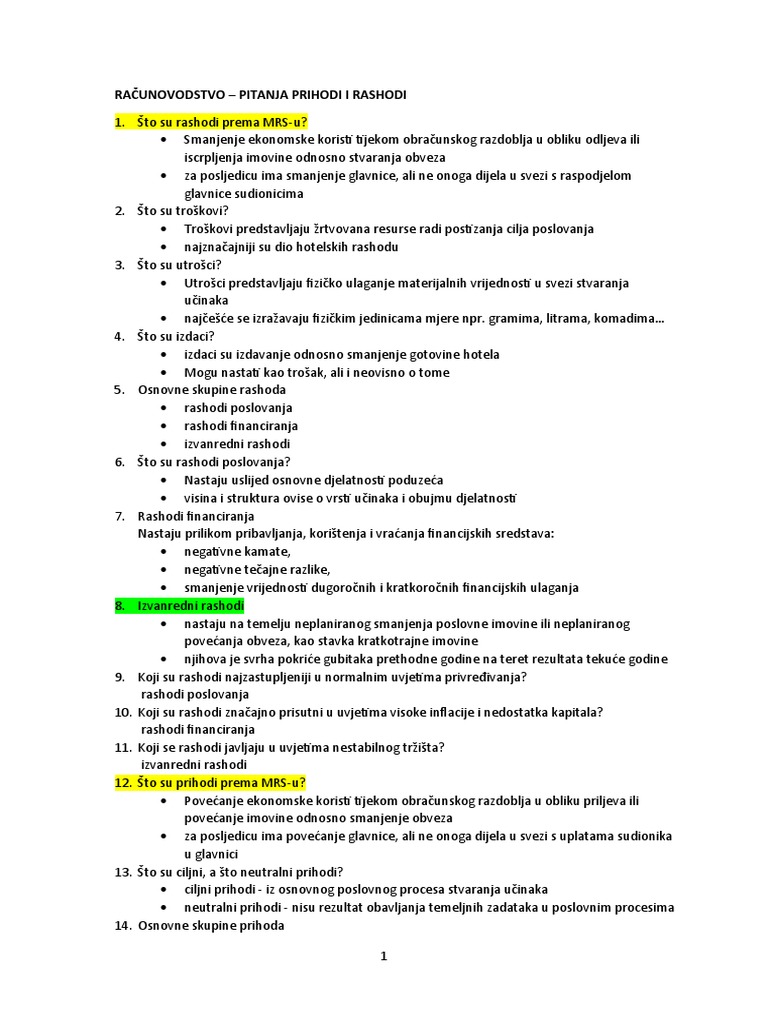 RASHODI I PRIHODI Pitanja I Odgovori | PDF