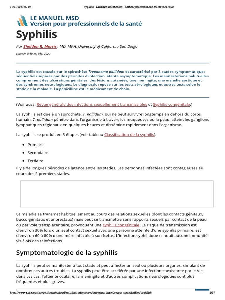 Syphilis - Maladies Infectieuses - Édition Professionnelle Du Manuel ...