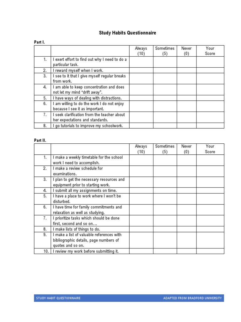 Study Habit Questionnaire (Metacognition Topic) | PDF | Behavior ...