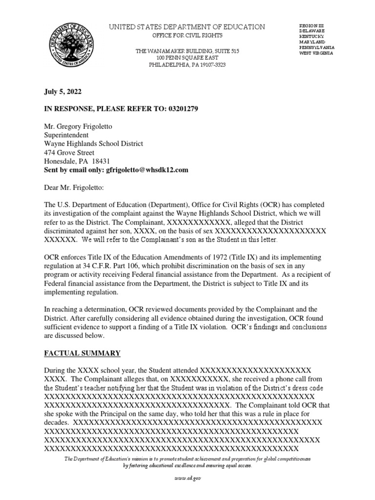 OCR 2022 PA School District Resolution Letter | PDF | Title Ix | Complaint