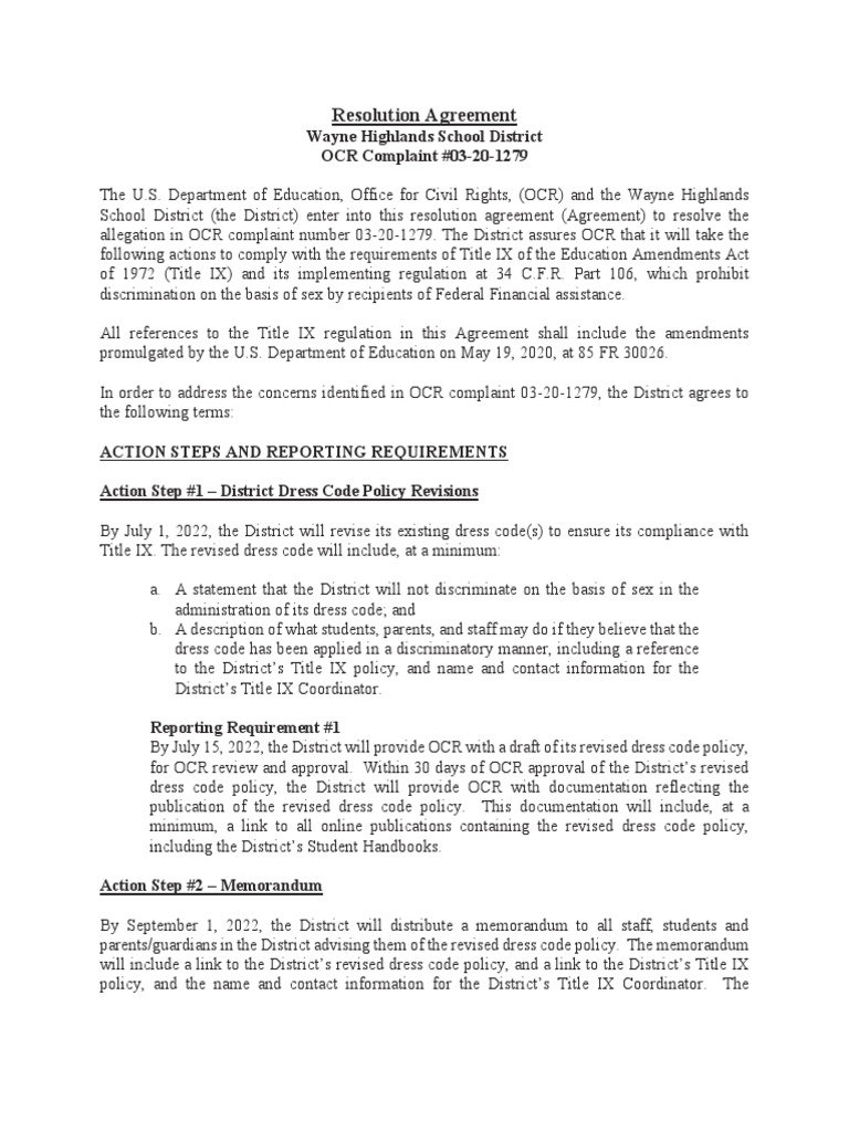 OCR 2022 PA School District Resolution Agreement | PDF | Title Ix ...