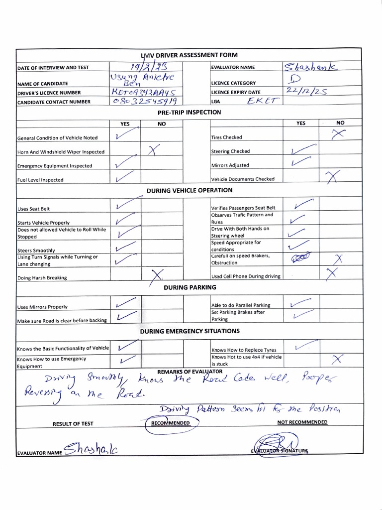 Driver Assessment Form | PDF | Vehicles | Brake