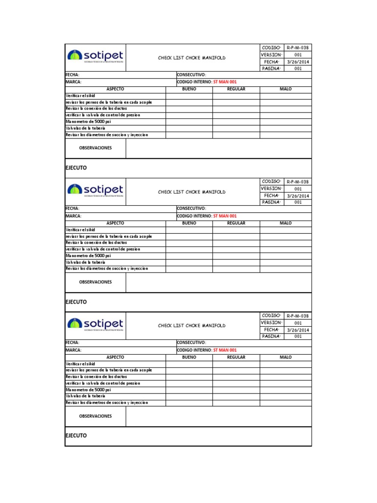 R-P-M-038 Check List Manifold | PDF | Hidráulica | Tecnología energética