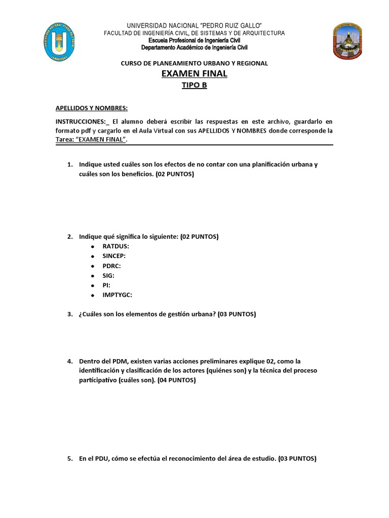 Examen Final de Planeamiento Urbano | PDF